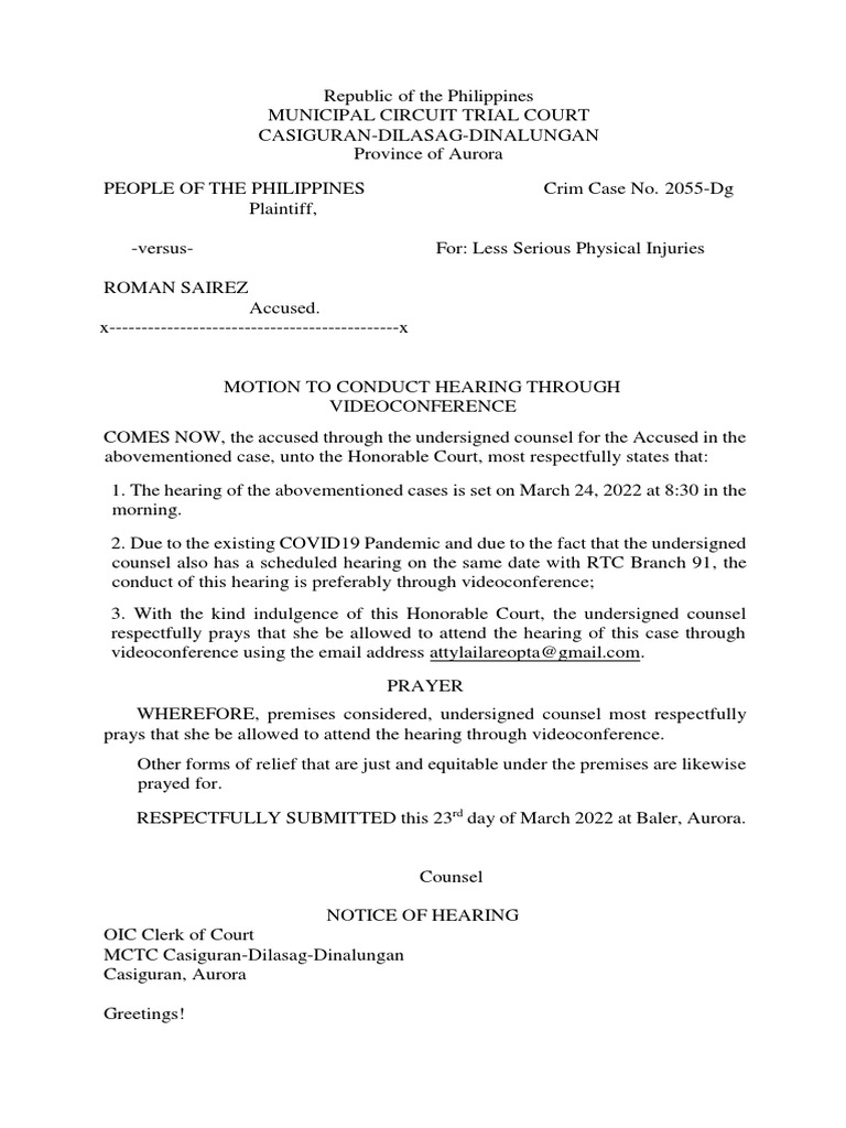 MOTION TO CONDUCT HEARING THROUGH VIDEOCONFERENCE - Criminal | PDF