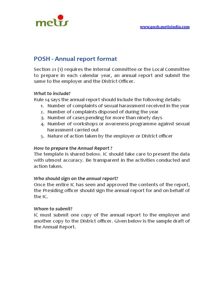 Metis POSH Downloadables Collaterals Annual Report Updated Template 30122020 Jaya | PDF