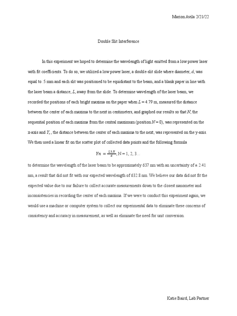 Double Slit Interference Write-Up | PDF | Wavelength | Metre