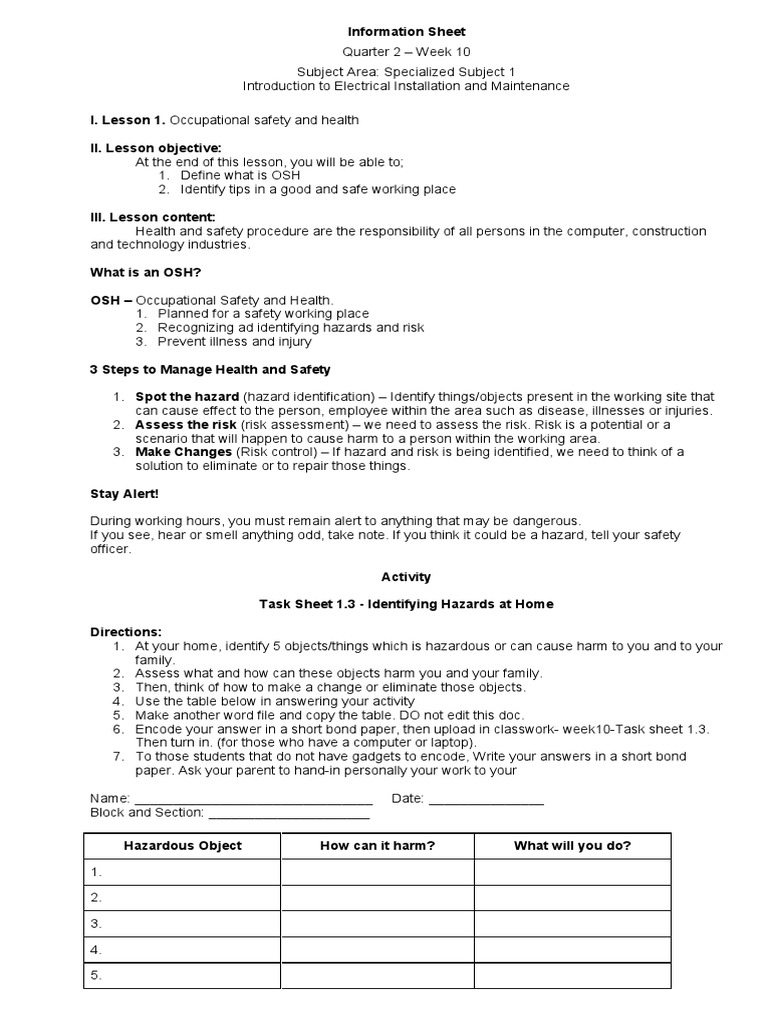 Handouts EIM SS1. Week 10 | PDF | Occupational Safety And Health | Risk