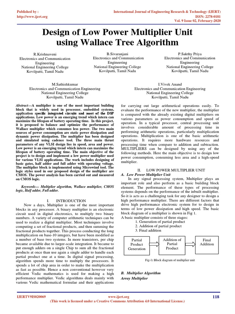 Design FF Low Power Multiplier Unit Using Wallace Tree Algorithm IJERTV9IS020069 | PDF ...