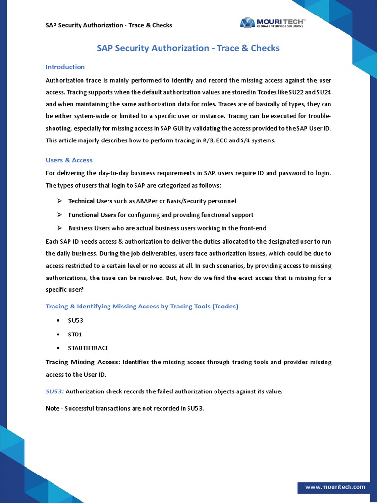 SAP Security Authorization - Trace & Checks | PDF | User (Computing) | Kernel (Operating System)