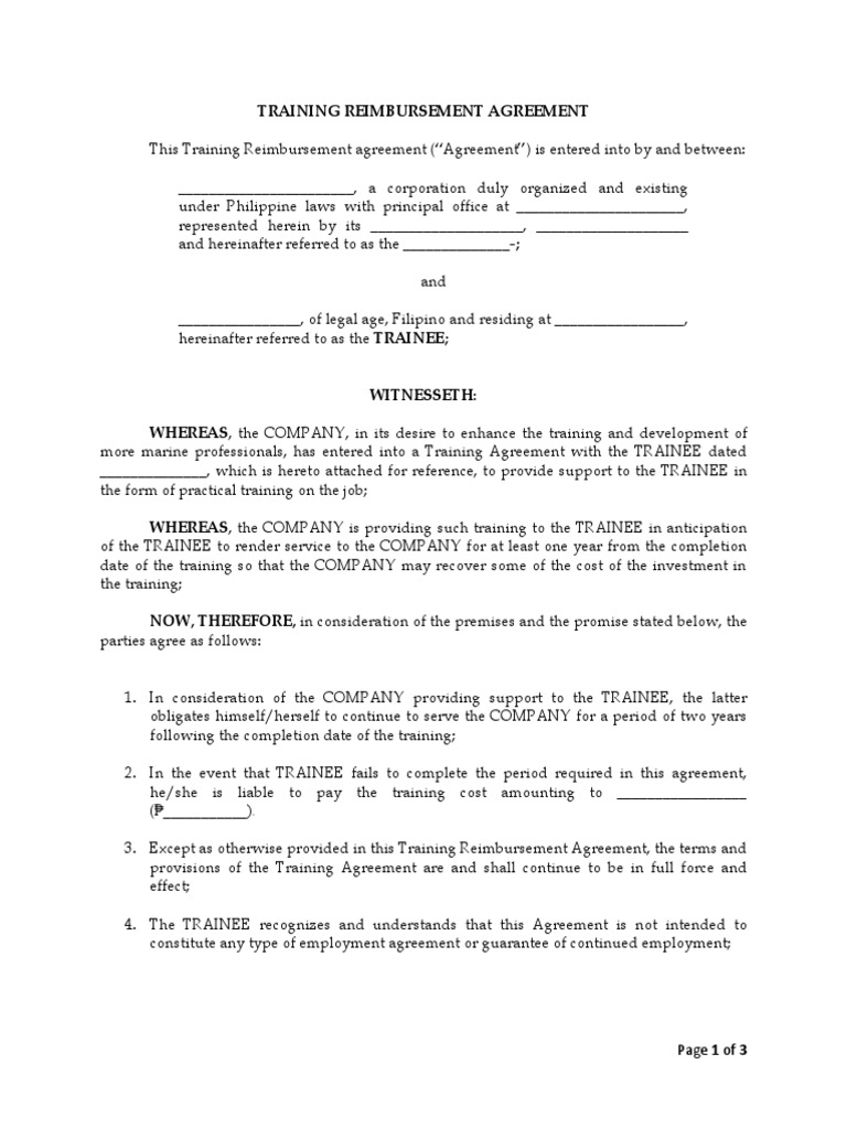 Training Reimbursement Agreement Template | PDF | Civil Law (Legal ...