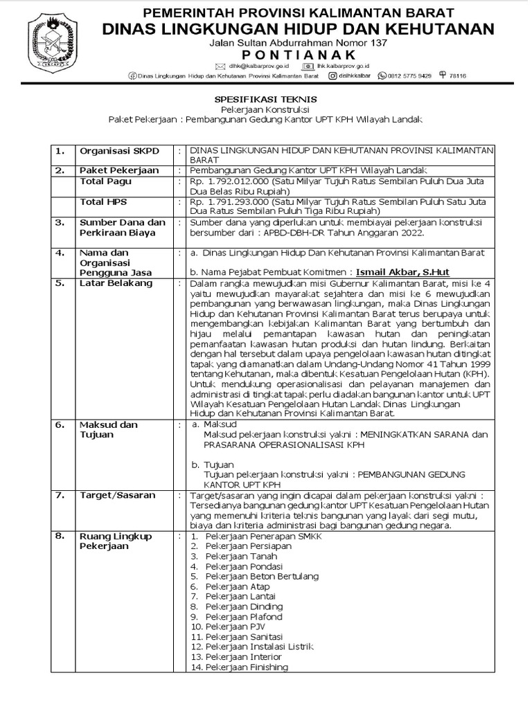 31032211spesifikasi Teknis Upt KPH Wilayah Landak | PDF