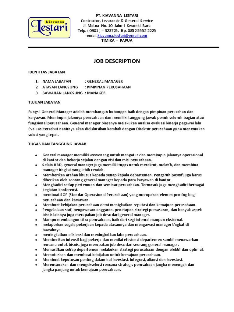 Job Description General Manager | PDF
