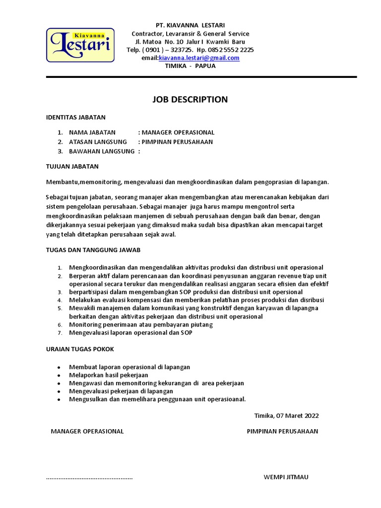 Job Description Manager Operasional | PDF