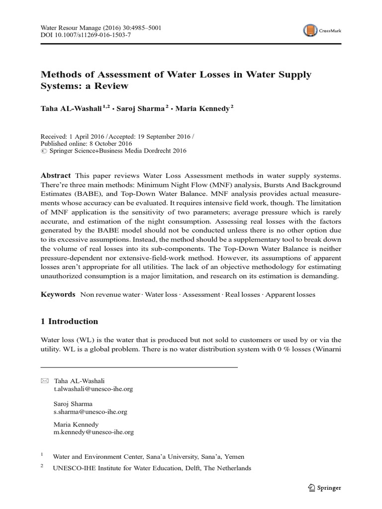 Methods of Assessment of Water Losses in Water Supply Systems: A Review ...