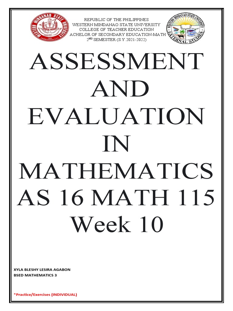Assessment AND Evaluation IN: Mathematics AS 16 MATH 115 Week 10 | PDF ...