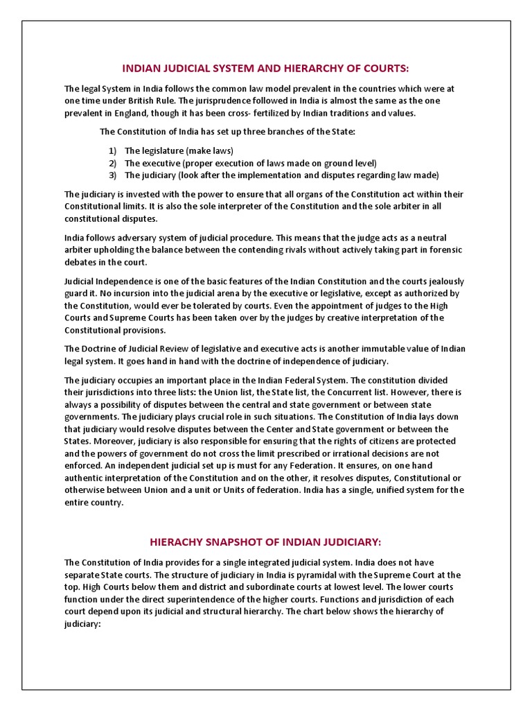 Indian Judicial System and Hierarchy of Courts 1 | PDF | Supreme Courts | Jurisdiction