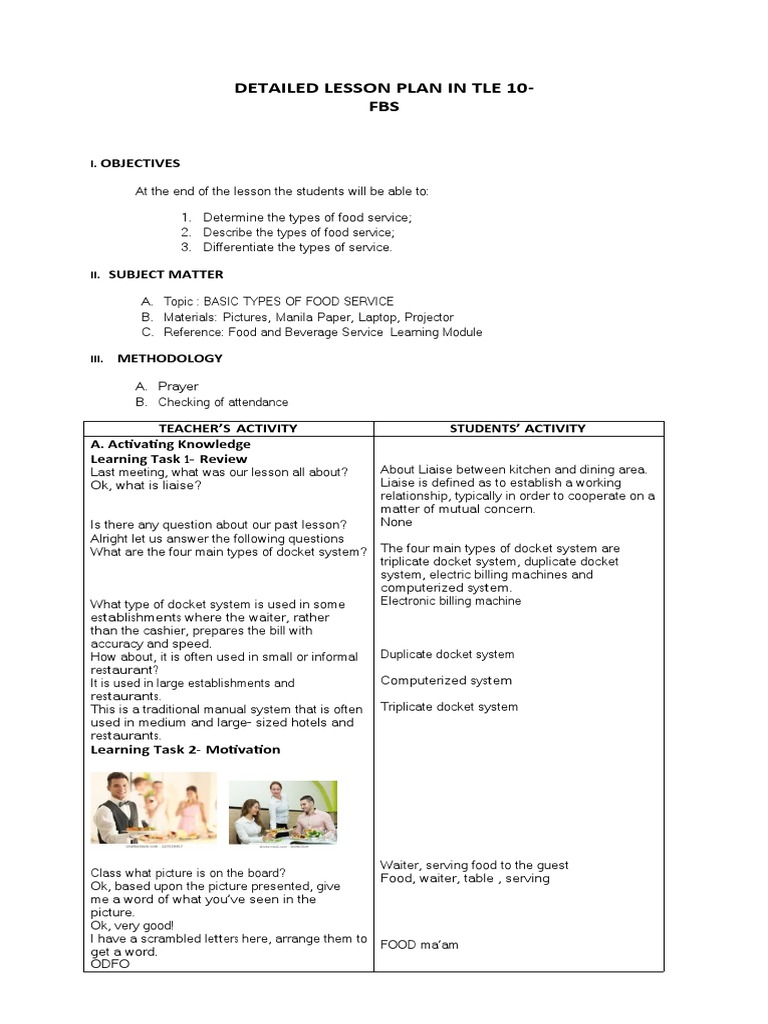 Detailed Lesson Plan in Tle 10 Fbs | PDF | Tableware | Buffet