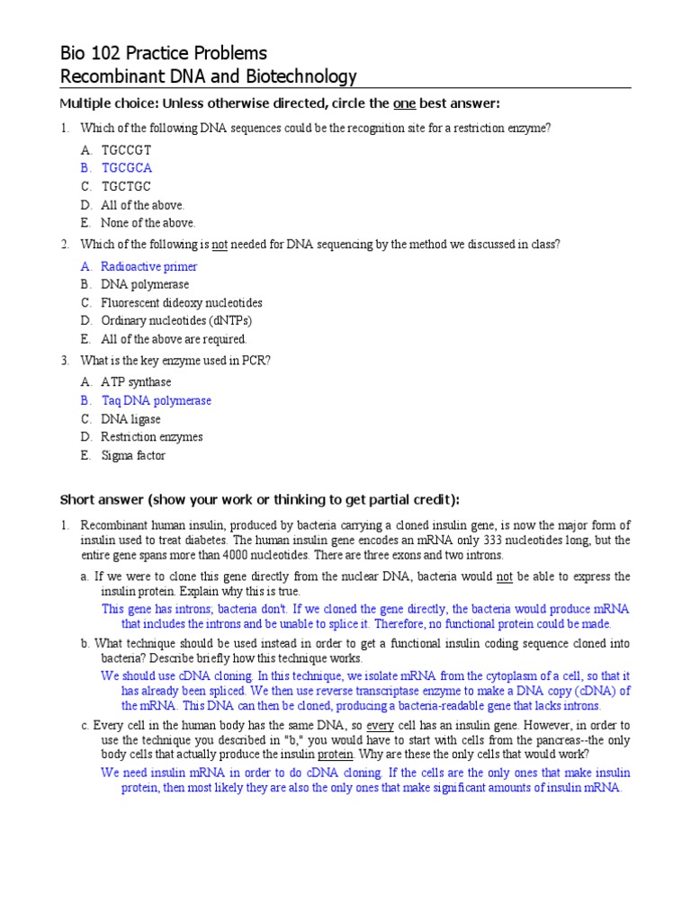 Bio 102 Practice Problems Recombinant DNA and Biotechnology | PDF | Molecular Cloning | Plasmid