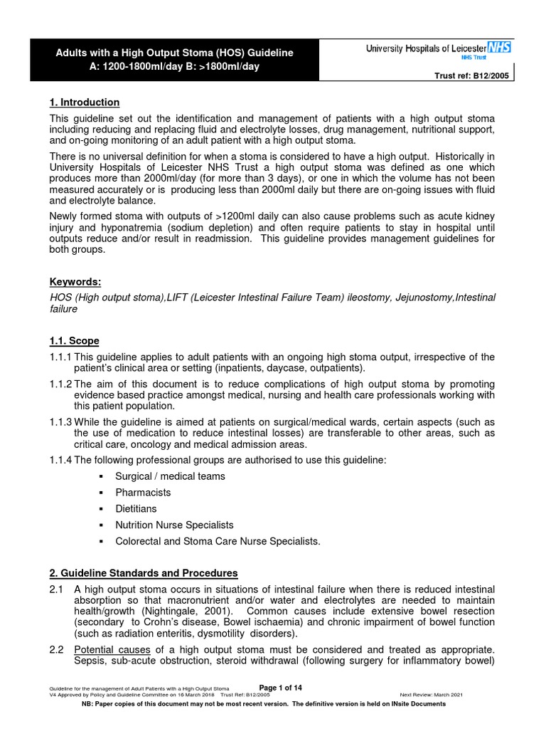 High Output Stoma Management Guidelines | PDF | Dehydration | Electrolyte