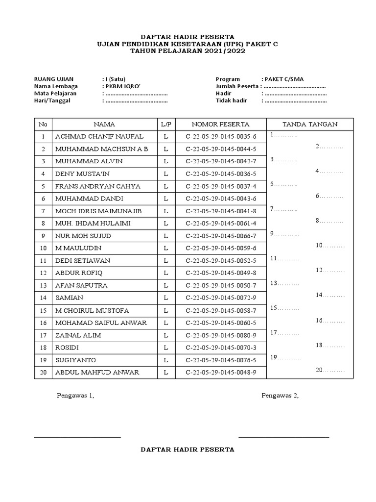 Daftar Hadir UPK Paket C 2021/2022 | PDF