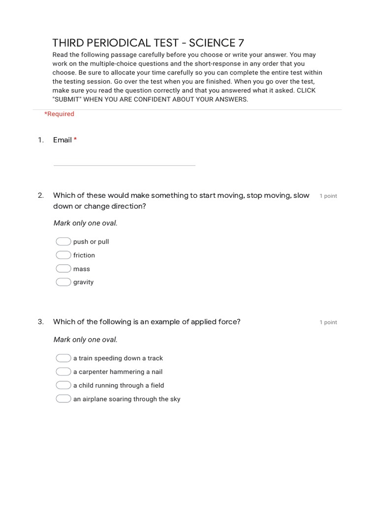 THIRD PERIODICAL TEST SCIENCE 7 - Google Forms | PDF | Force | Velocity
