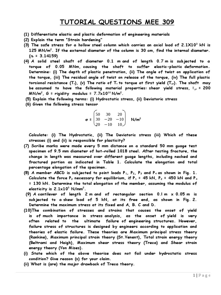 1 Tutorial Questions Mee 309 | PDF | Deformation (Engineering) | Stress ...
