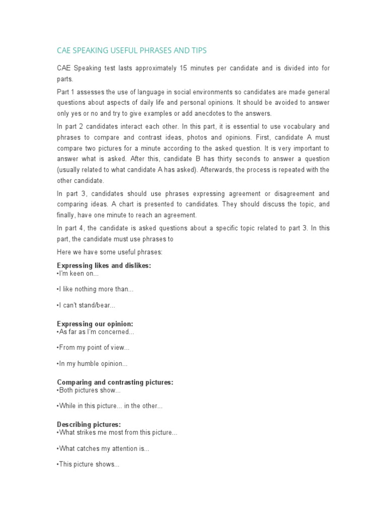 CAE Speaking Tips and Useful Phrases | PDF