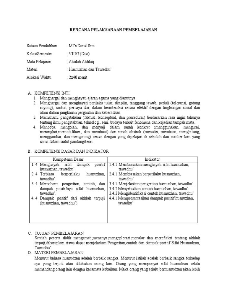 RPP Akidah Akhlak Kelas 8 Terbaru | PDF