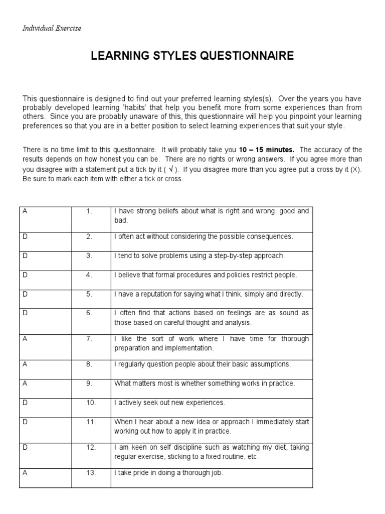 Learning Style Inventory | PDF | Experience | Thought