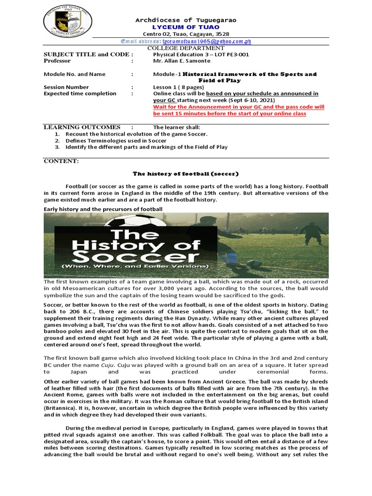 PE 3 - Module 1 (History and Field of Play) | PDF | Association ...