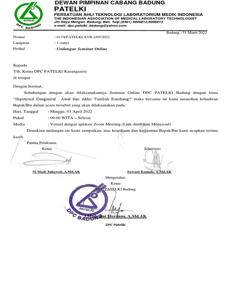 017 SURAT UNDANGAN DPC PATELKI Karangasem | PDF