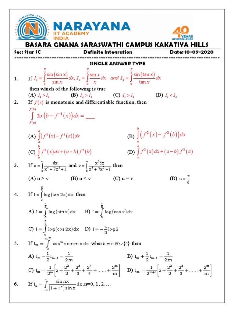 Definite Integration Problems and Solutions | PDF | Function (Mathematics) | Trigonometric Functions