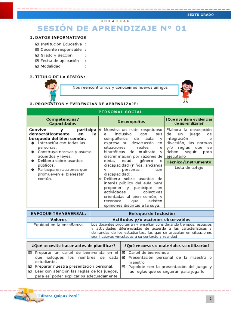 Sesiones de Aprendizaje - Experiencia de Aprendizaje I - Editora Quipus Perú-6 | PDF ...