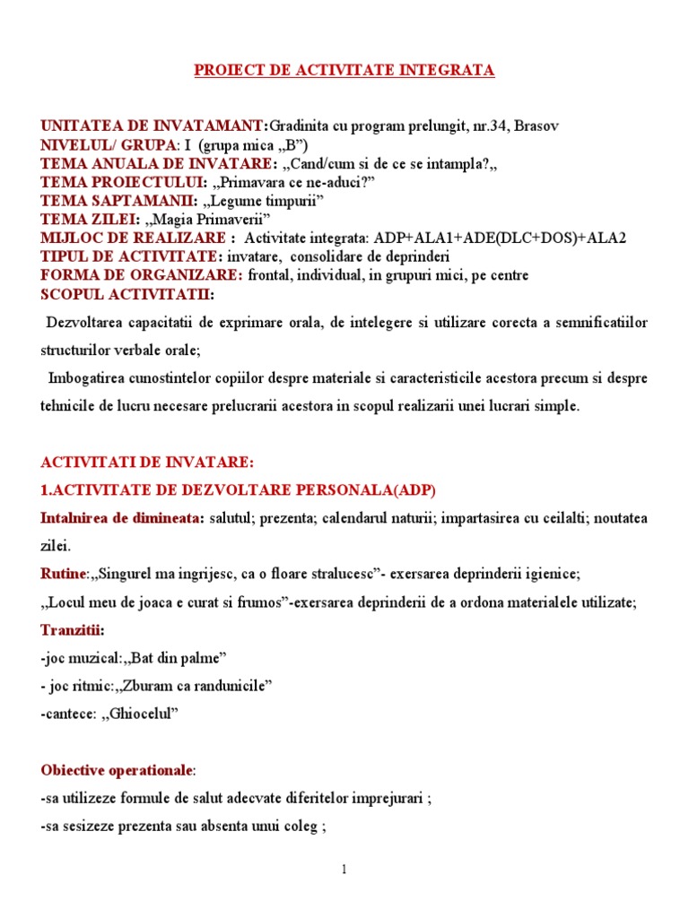 Proiect de Activitate Integrata | PDF