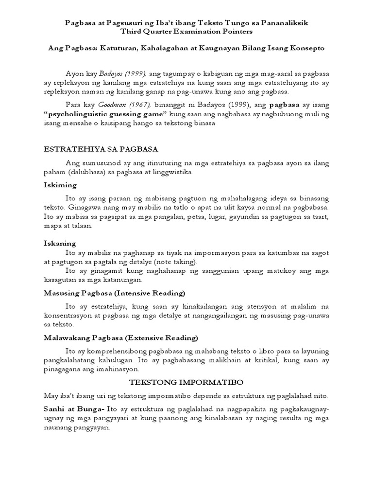 EXAM POINTERS - Pagbasa at Pagsusuri NG Ibat Ibang Teksto Tungo Sa ...