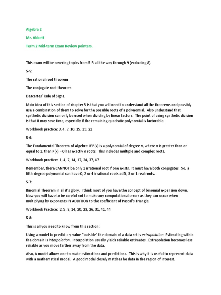Algebra 2 Mid-Term - 2 - Review | PDF | Exponential Function | Series ...