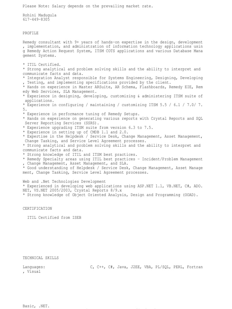 Bmc Remedy Developer Or Administrator Or Cmdb Specialist Or Itsm Pdf It Service Management