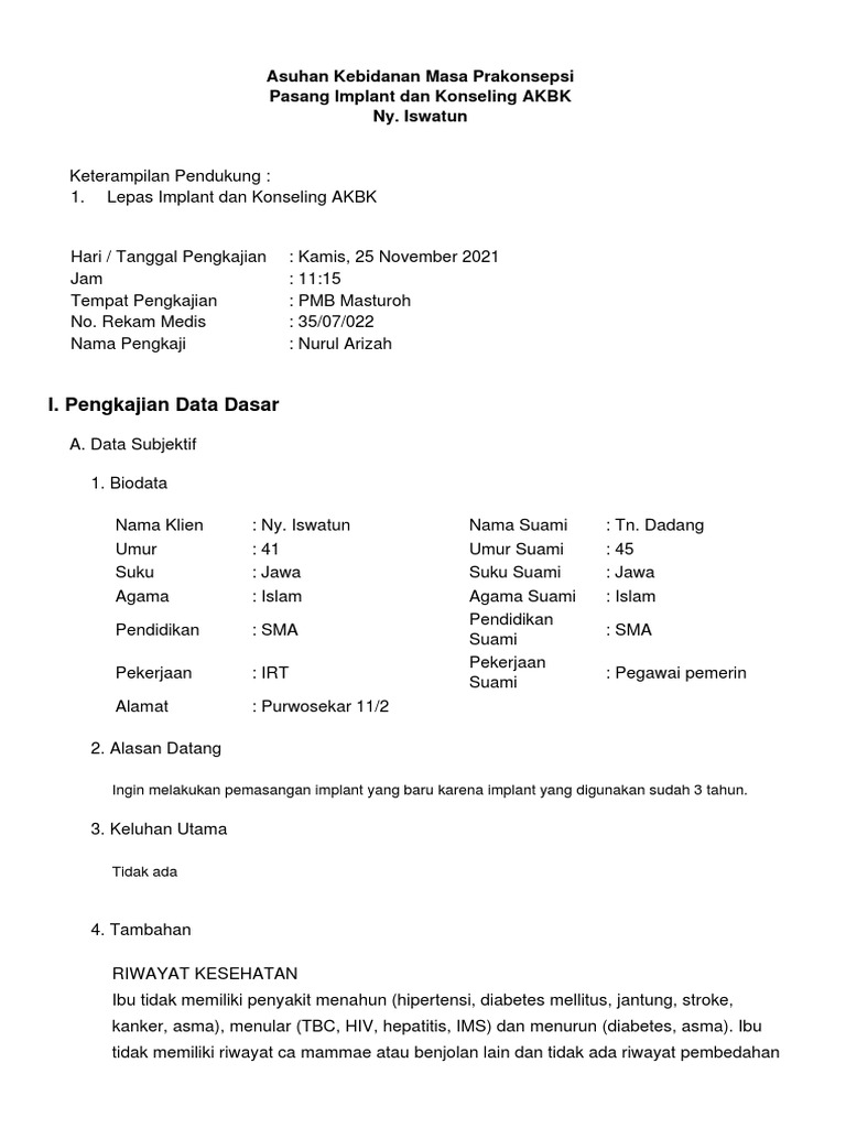 SOAP Ny. Iswatun KB Implan | PDF