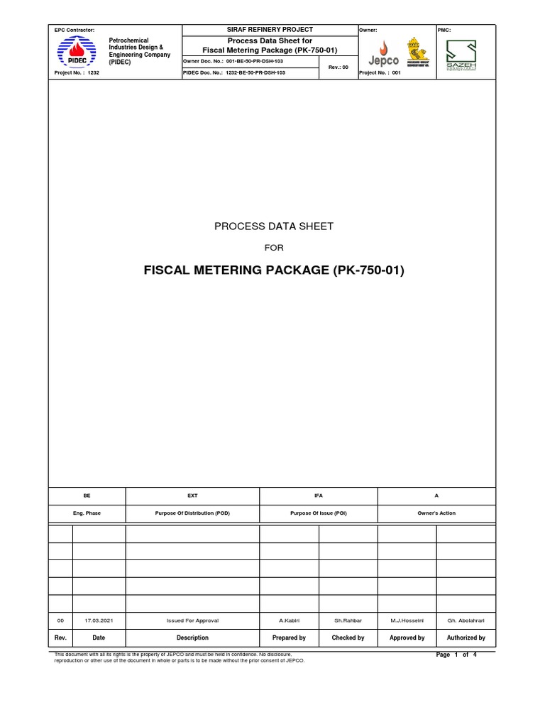 Fiscal Metering Package (Pk-750-01) : Process Data Sheet | PDF | Fluid ...