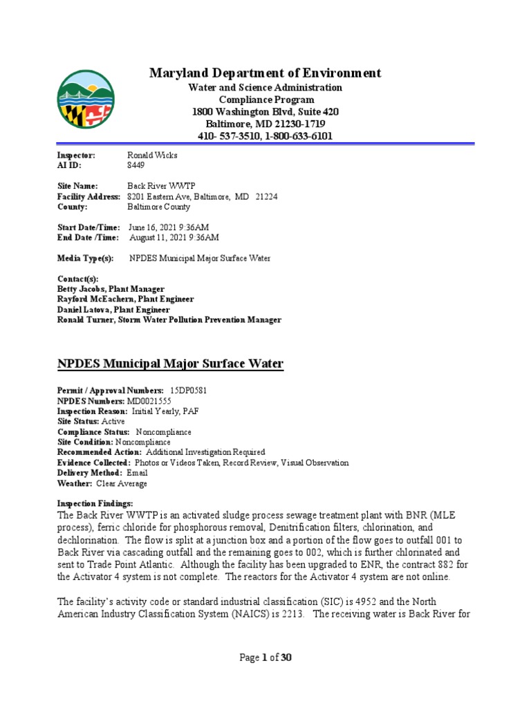 MDE Inspection - Back River WWTP | PDF | Sewage Treatment ...