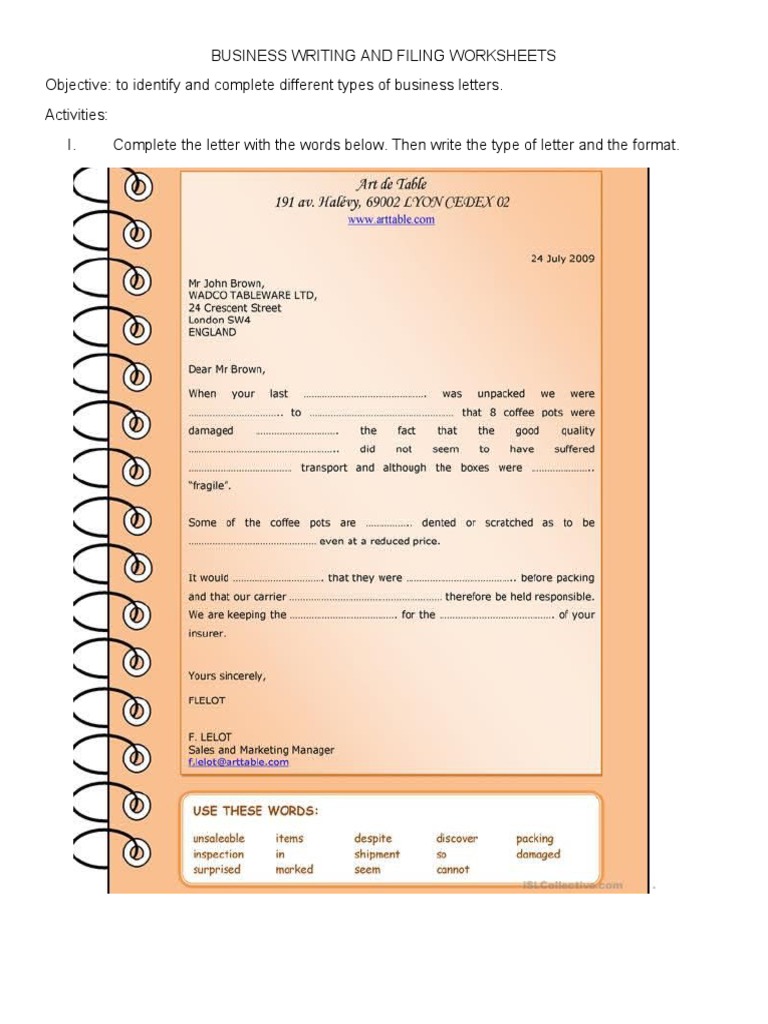 Business Writing and Filing Worksheets | PDF