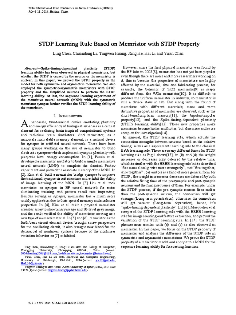STDP Learning Rule Based On Memristor With STDP Property | PDF | Chemical Synapse | Synapse