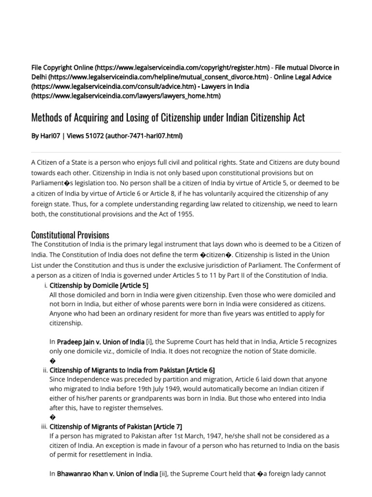 Methods of Acquiring and Losing of Citizenship Under Indian Citizenship ...