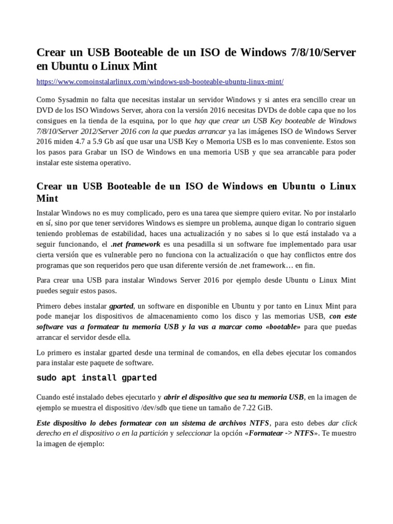 Crear Un USB Booteable de Un ISO de Windows 7-8-10-Server en Ubuntu o Linux Mint | PDF | Memoria ...