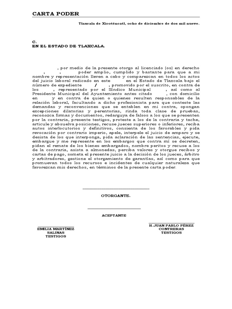 Carta Poder para Juicio Laboral en Tlaxcala | PDF | Justicia | Crimen y ...