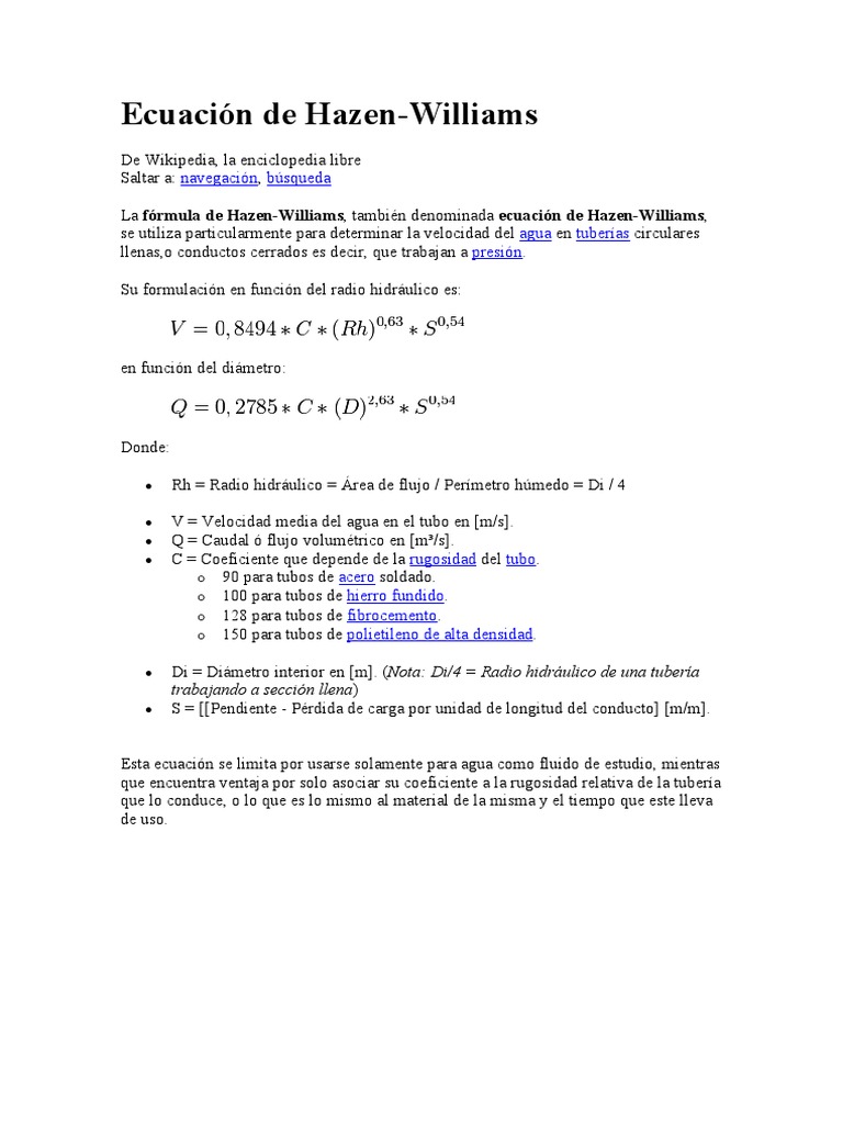 Ecuación de Hazen-Williams y Pérdida de Carga | PDF | Mecánica de ...