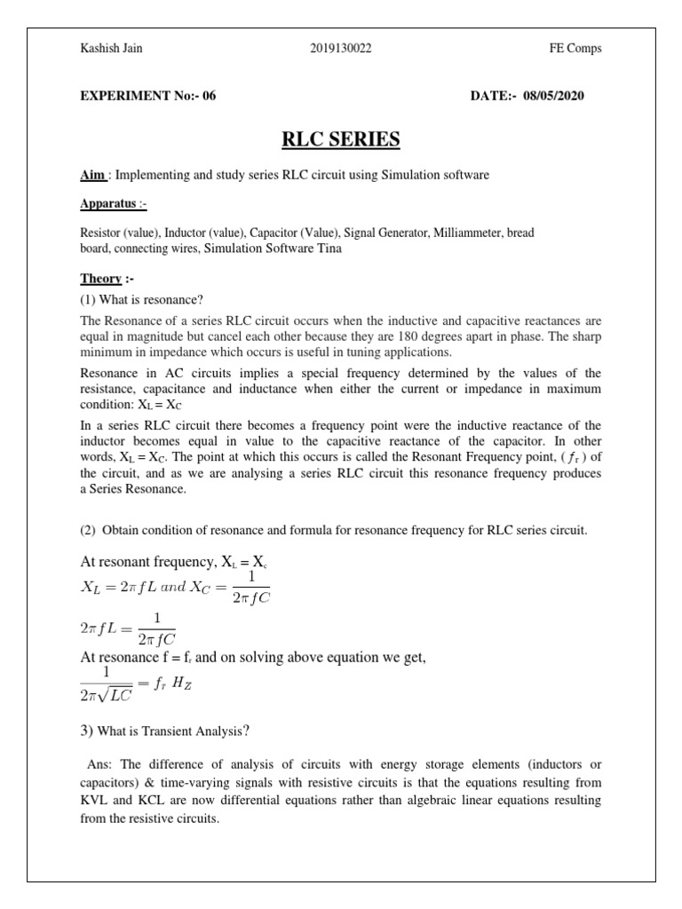RLC Series: Experiment No:-06 DATE: - 08/05/2020 | PDF | Electrical ...