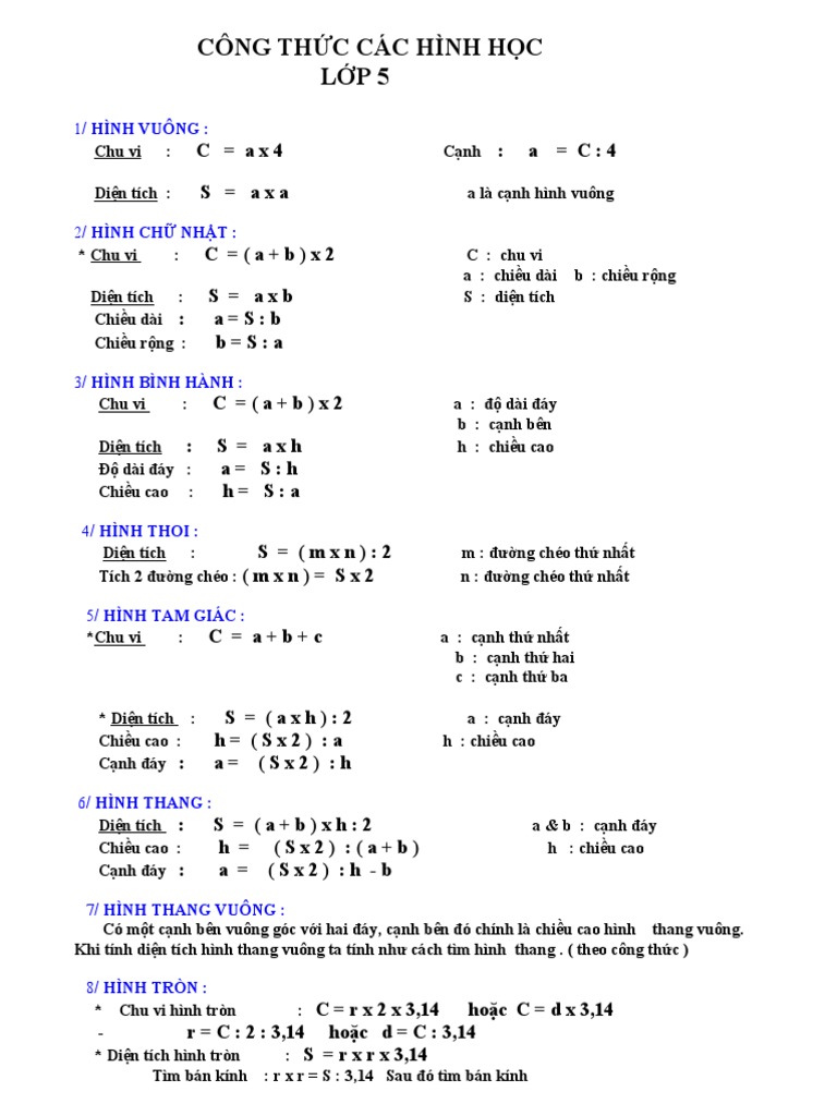 Cong Thuc Hinh Hoc Lop 5 | PDF