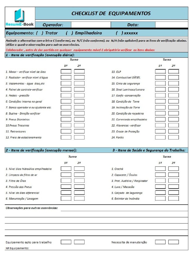 Planilha Checklist Equipamentos em Excel Template Lean Qualidade | PDF