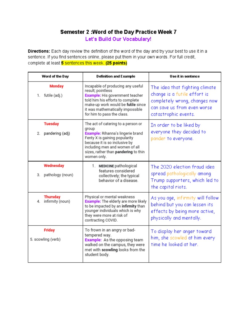 S2 Word of The Day Practice Week # 7 | PDF
