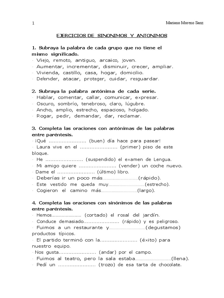 EJERCICIOS DE SINONIMOS Y ANTONIMOS - Mariano Moreno Sanz | PDF
