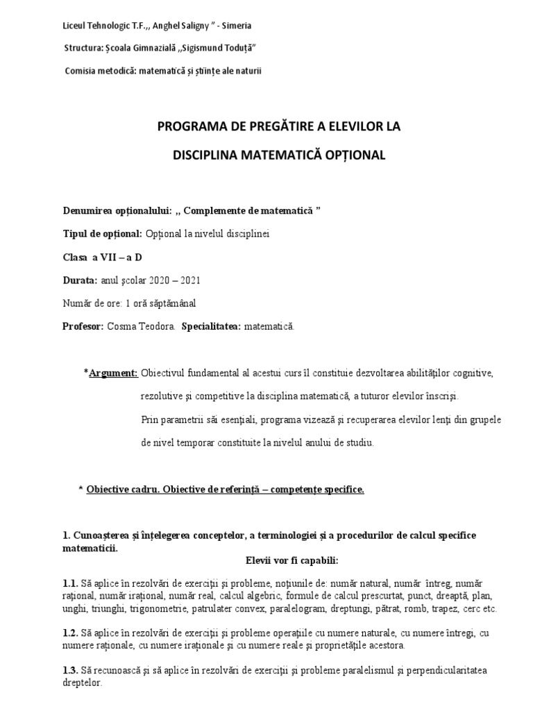 Programa Optional Cls. A Vii A An Sc. 2020 2021 | PDF