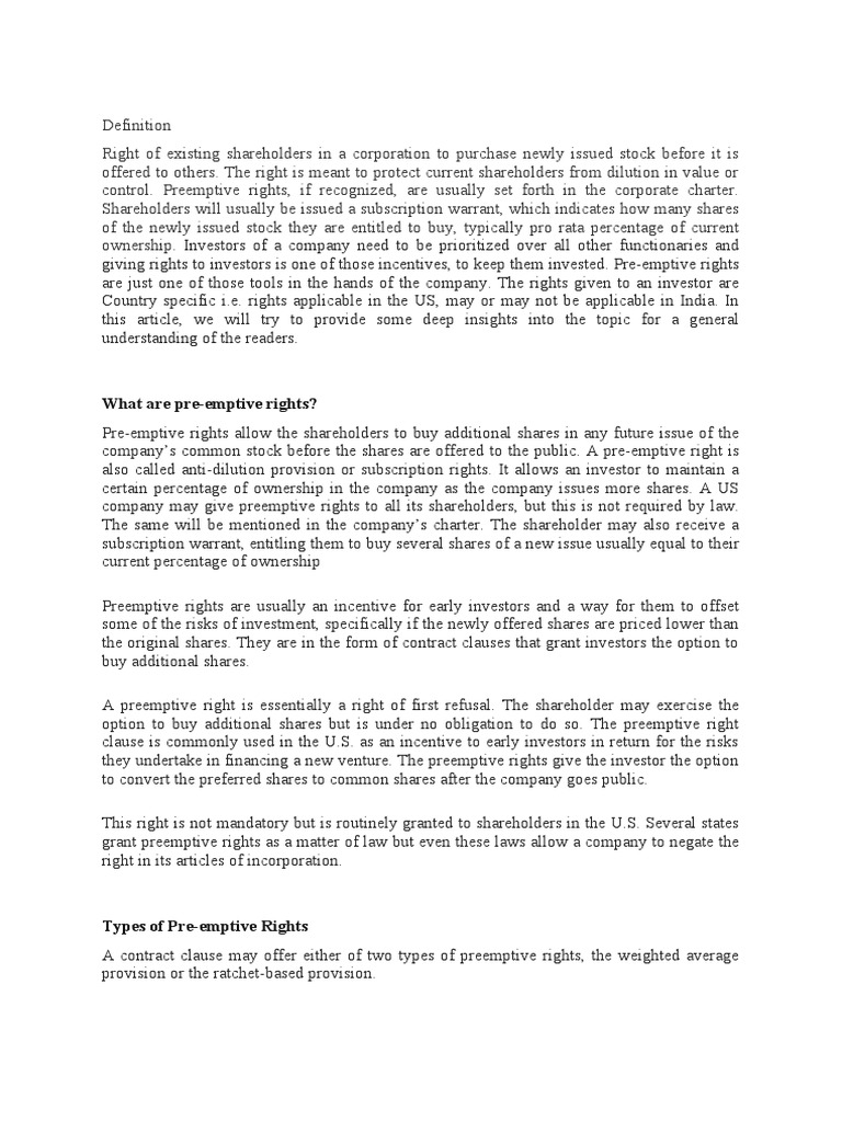 Pre Emptive Right | PDF | Stocks | Investor