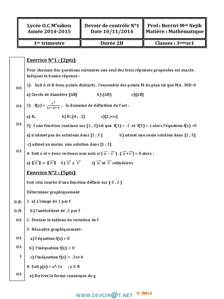 Devoir de contrôle math 3ème 2014 | PDF | Fonction (Mathématiques ...