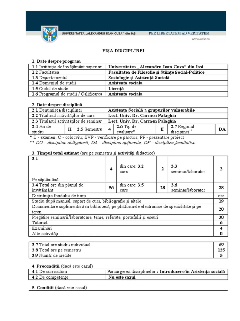Carmen Palaghia Fisa Disciplinei Asistenta Sociala A Grupurilor ...