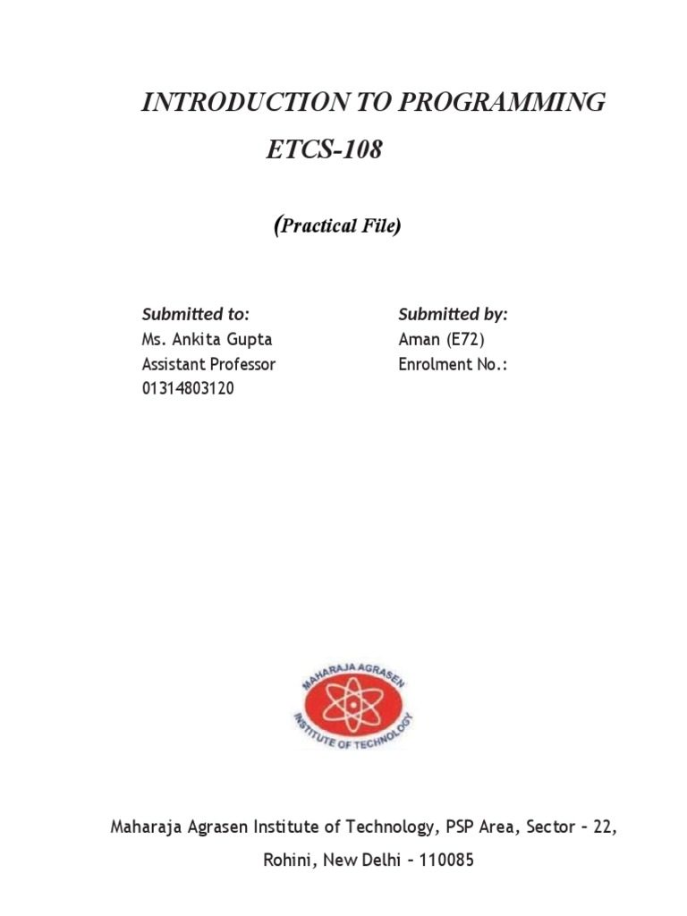 Introduction To Programming ETCS-108: Practical File) | PDF | Pointer (Computer Programming ...