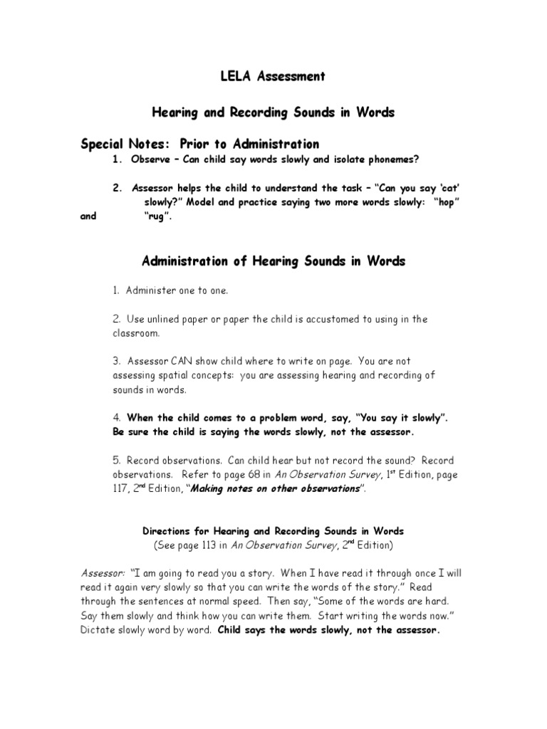 LELA Assessment Hearing and Recording Sounds in Words Special Notes ...
